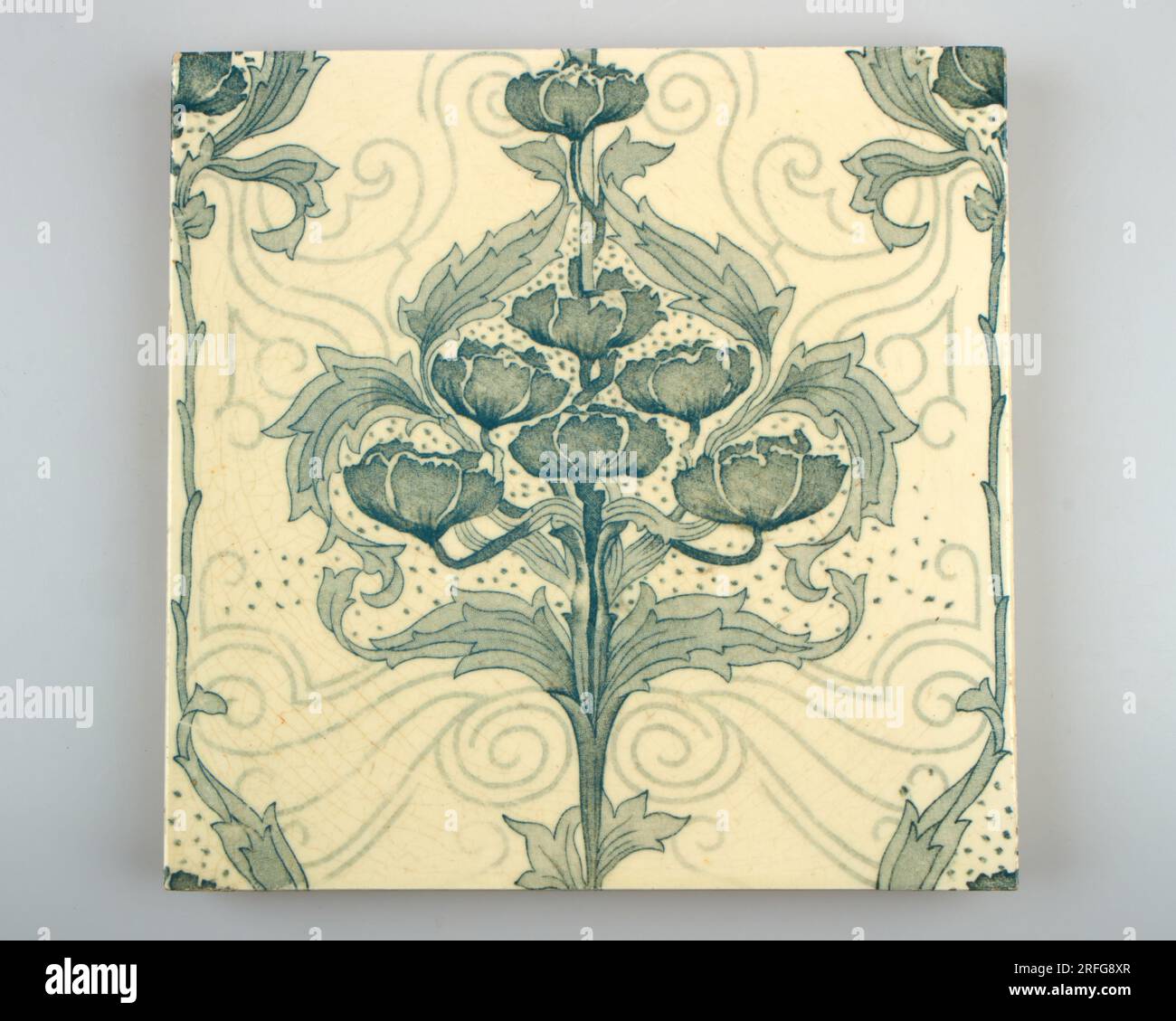 Antique 1900s Minton Art Nouveau blue poppy flower pottery tile Stock ...