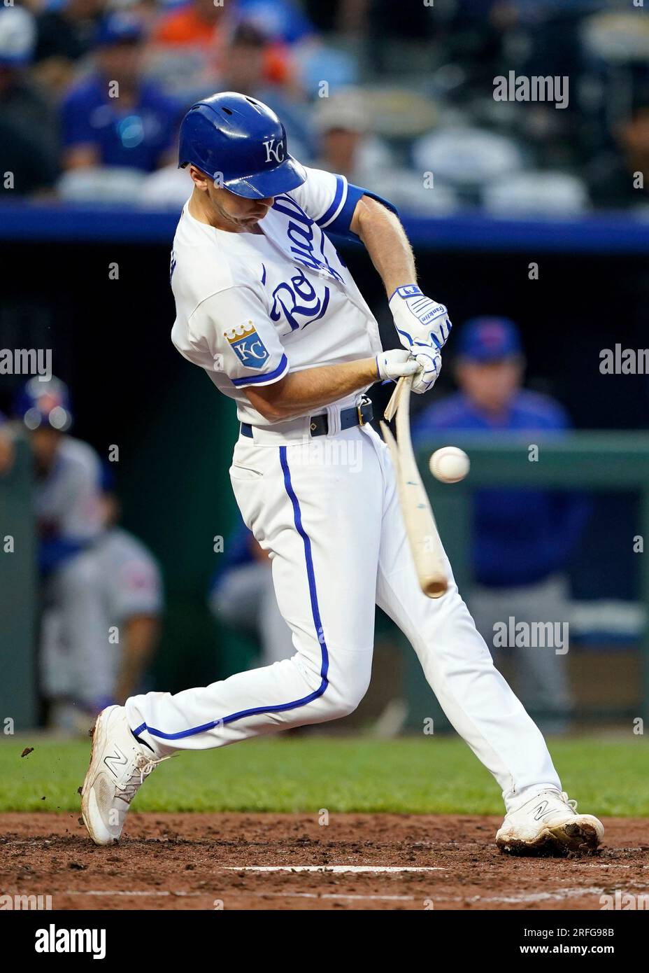 AUG 02, 2023: Kansas City Royals center fielder Drew Waters (6) breaks his bat on a fly out at ...