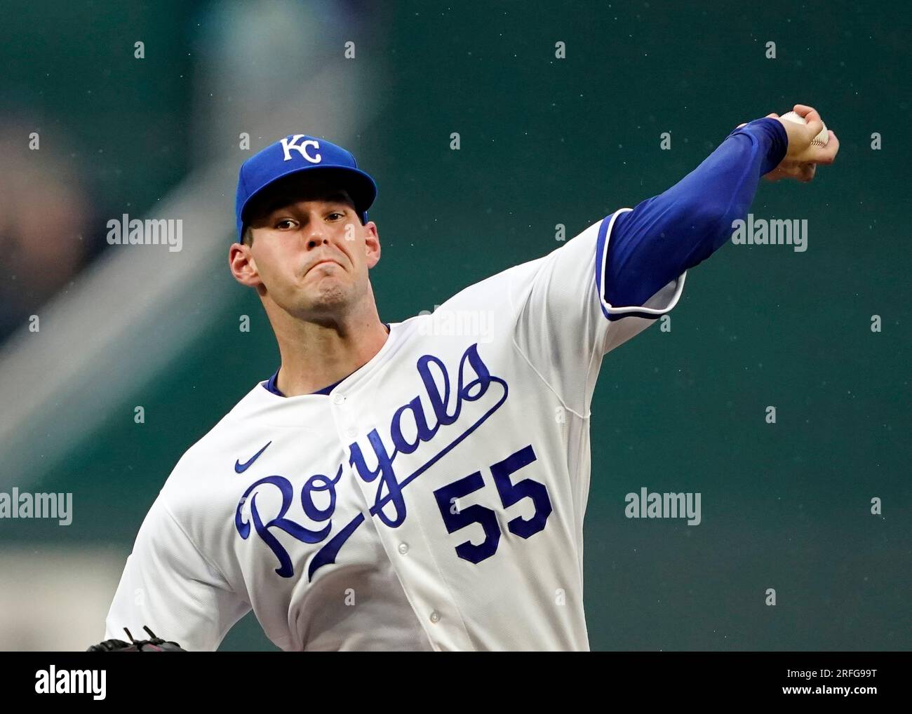 AUG 02, 2023: In a light rain, starting pitcher Cole Ragans delivers a ...