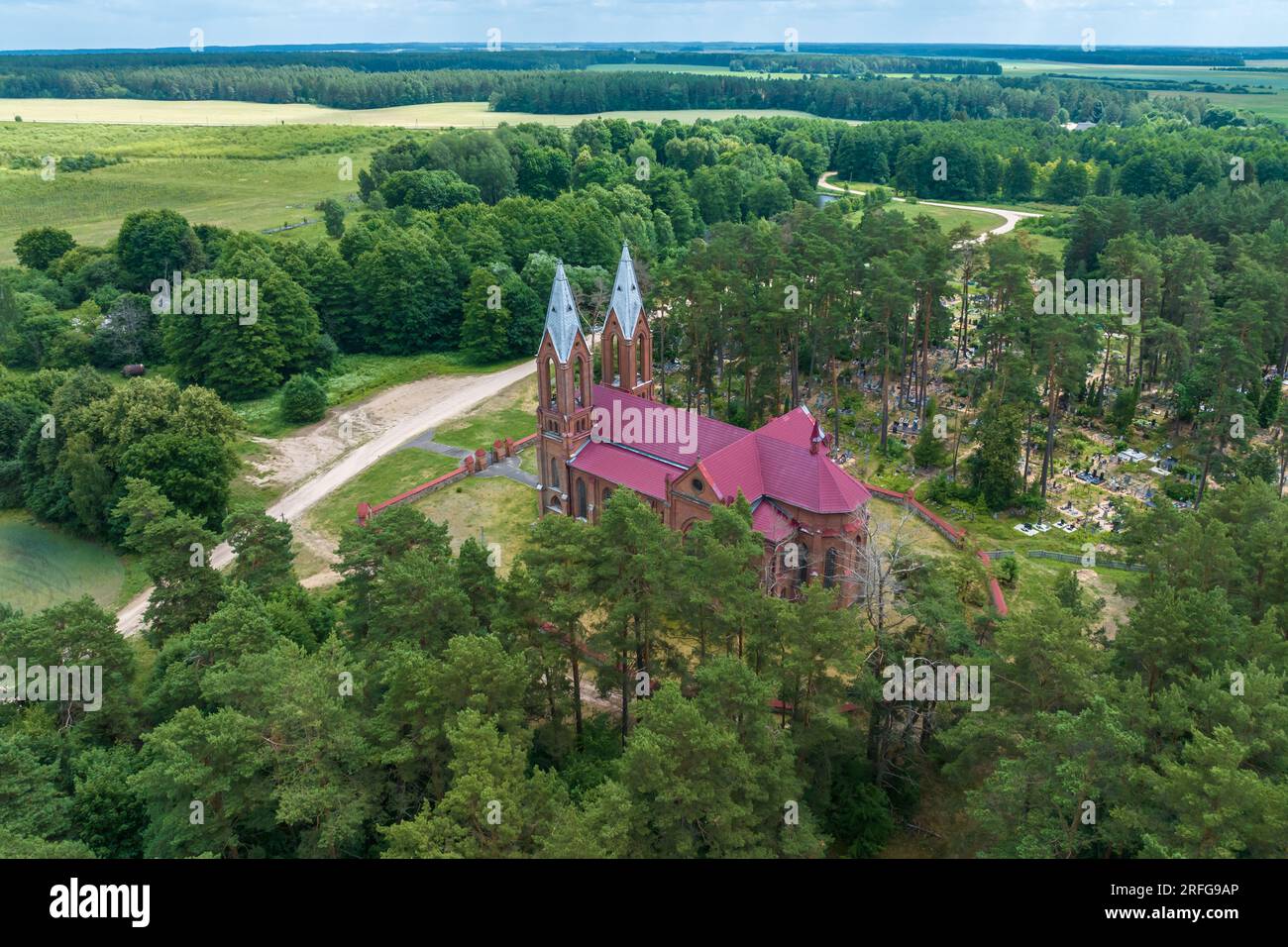 aerial view on neo gothic or baroque temple or catholic church in ...