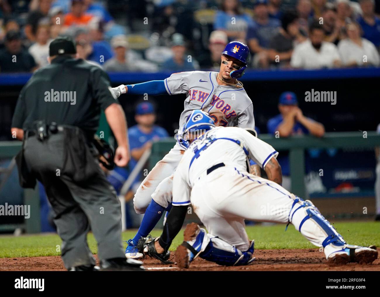 AUG 02, 2023: New York Mets third baseman Mark Vientos (27) is tagged out at the plate by Kansas ...