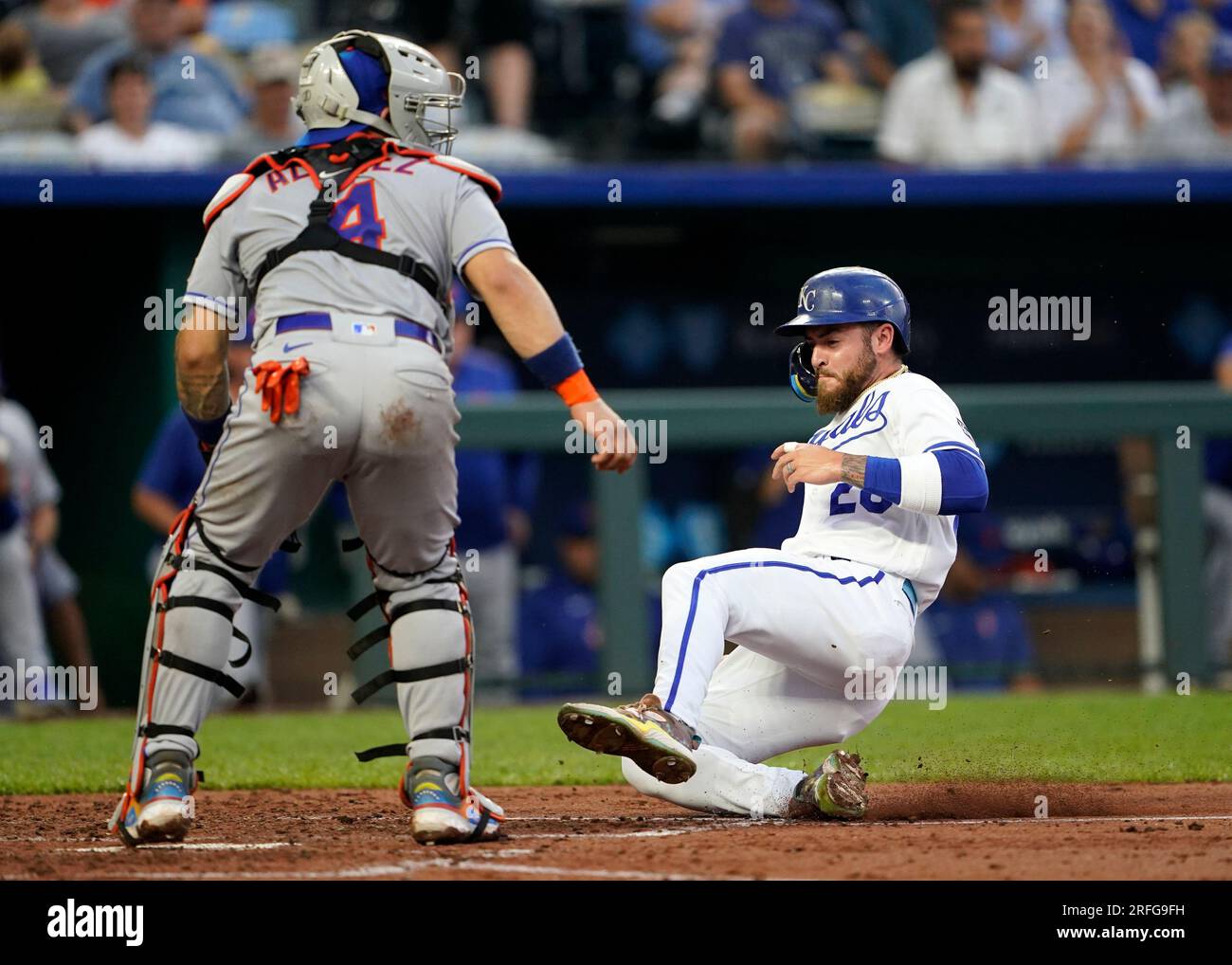 AUG 02, 2023: Kansas City Royals center fielder Kyle Isbel (28) scores at Kauffman Stadium ...