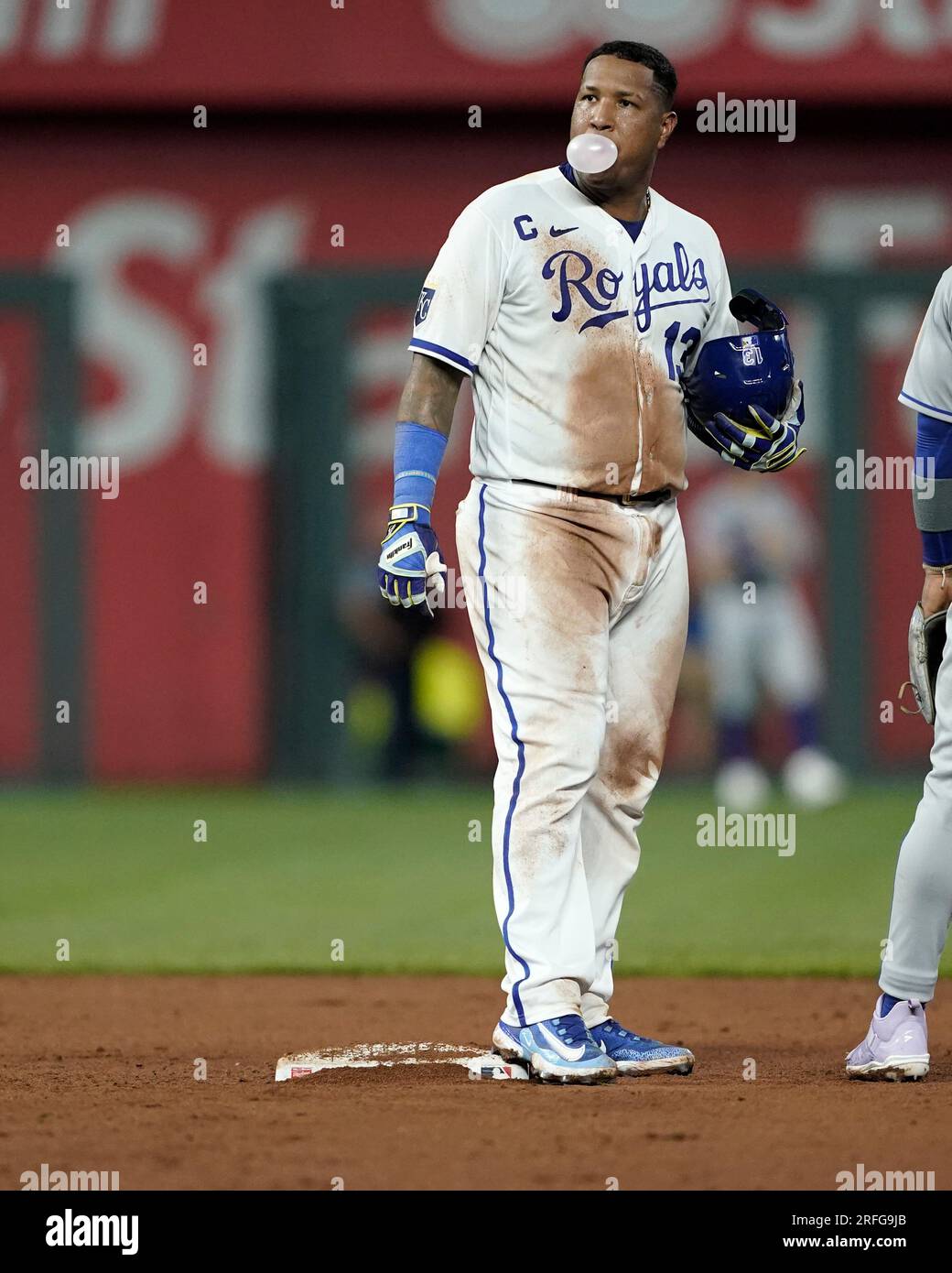 AUG 02, 2023: Kansas City Royals catcher Salvador Perez (13) patiently ...