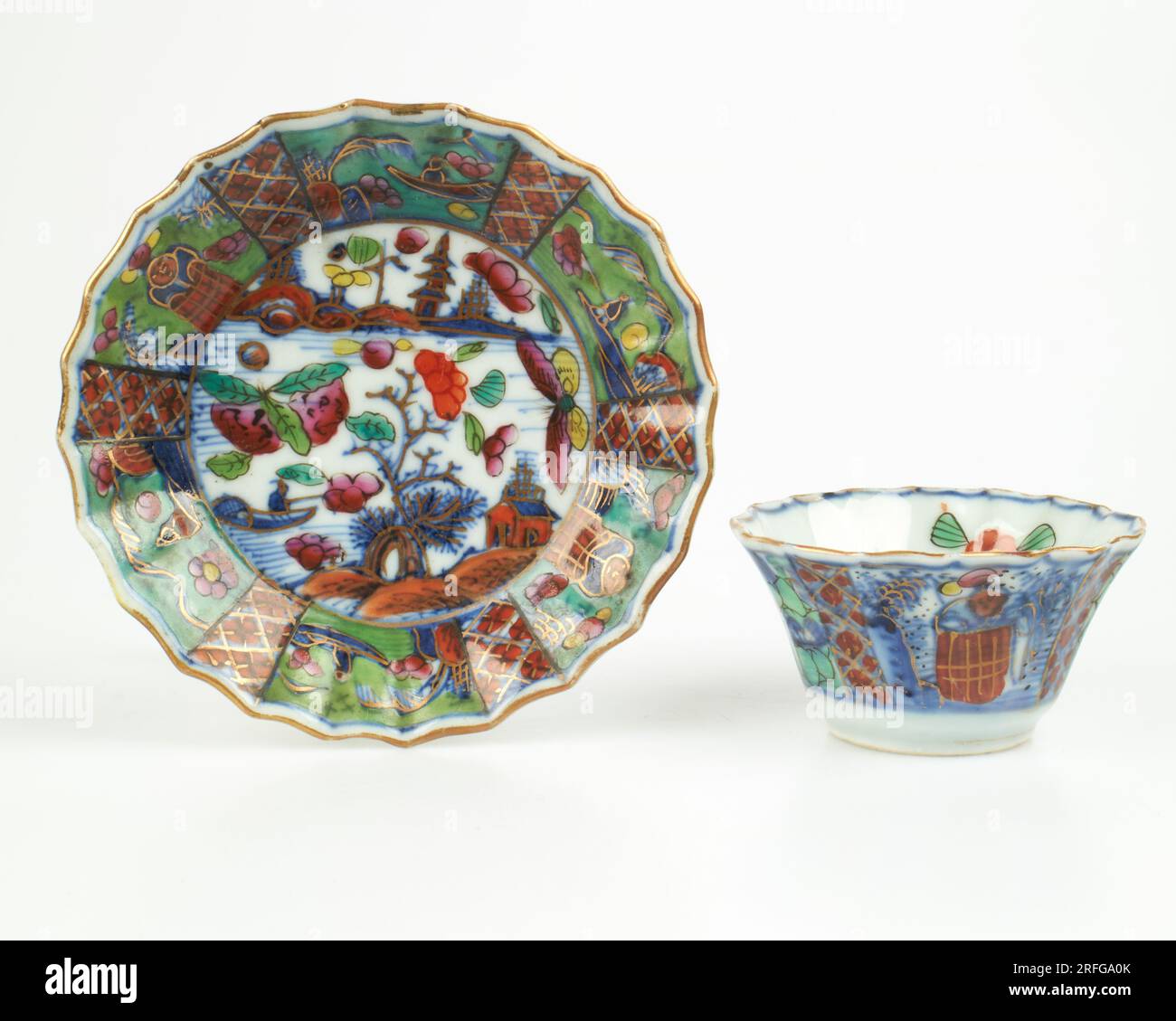Antique Chinese 18th century clobbered porcelain fluted tea bowl and ...
