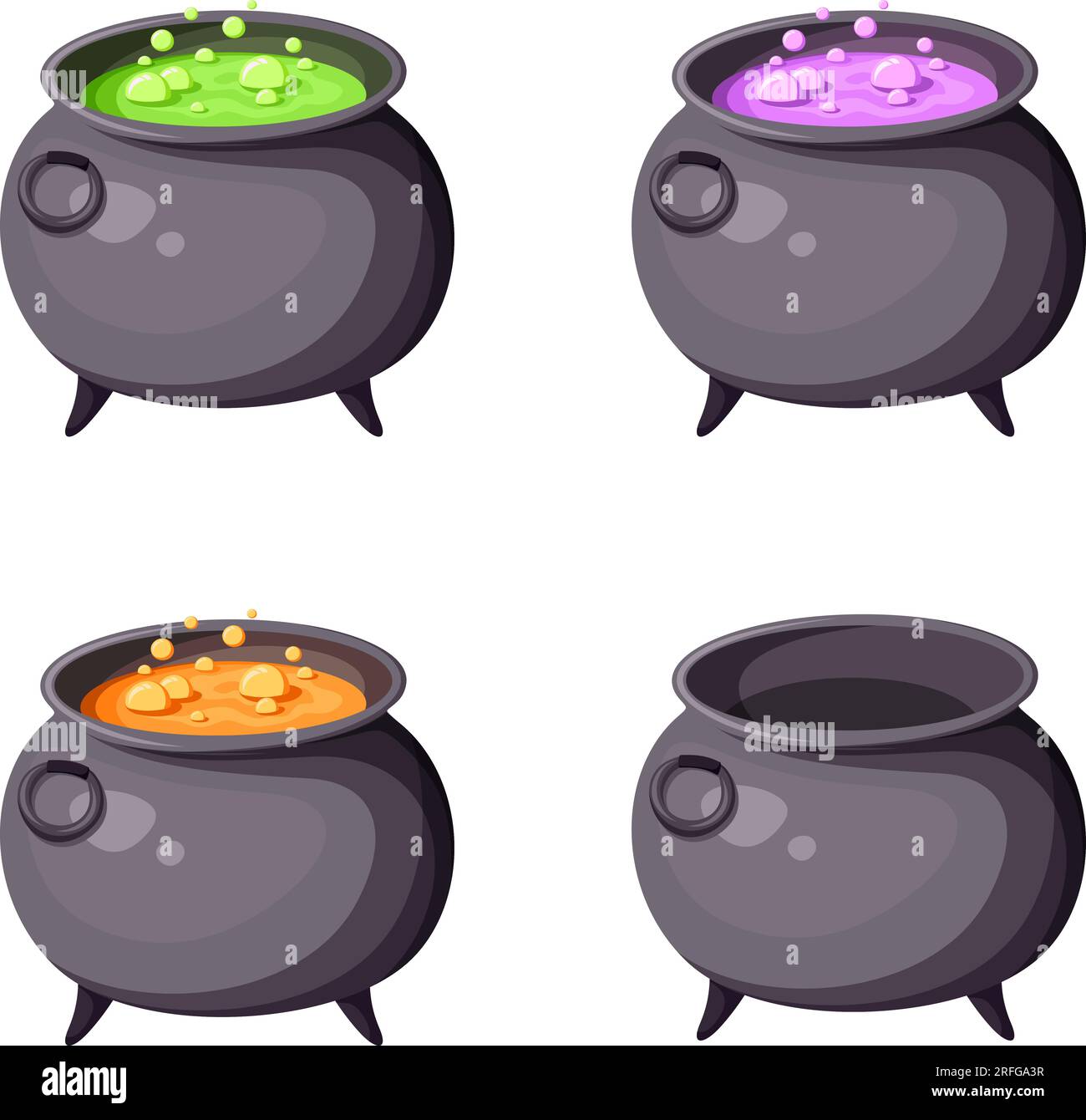 Set of witches cauldrons with colorful potions isolated on a white ...