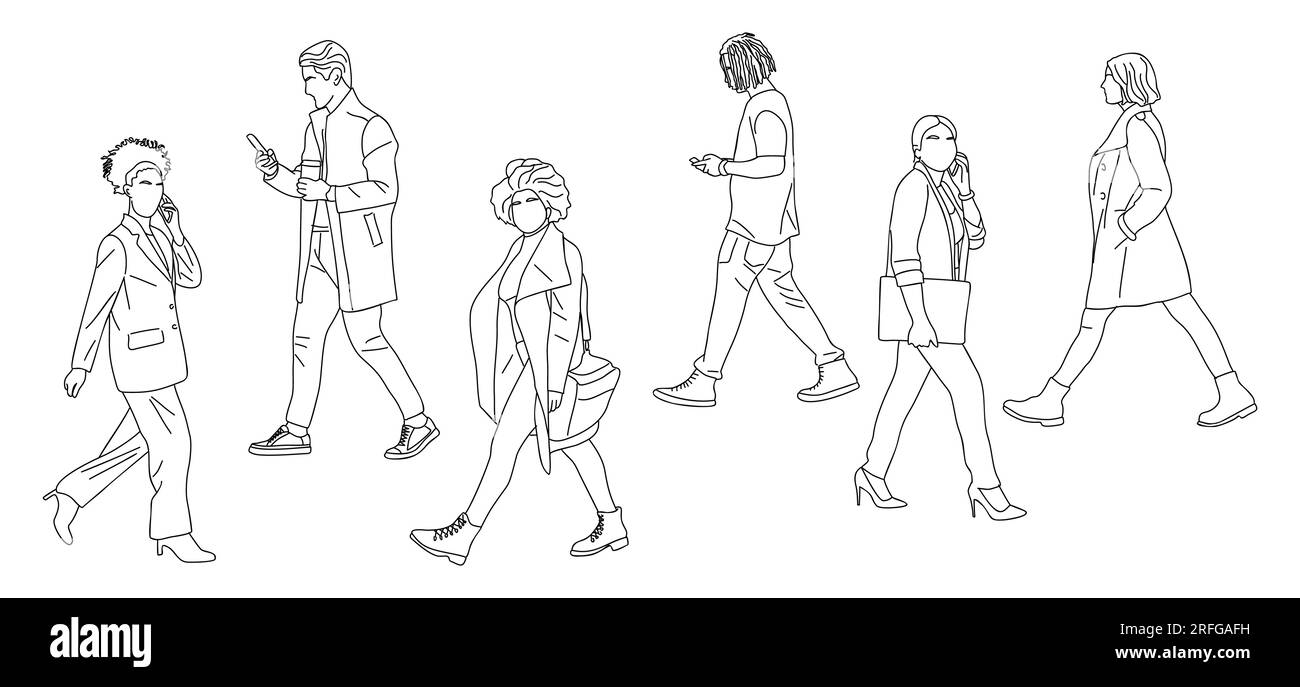 Set of different people walking line art drawing Stock Vector Image ...