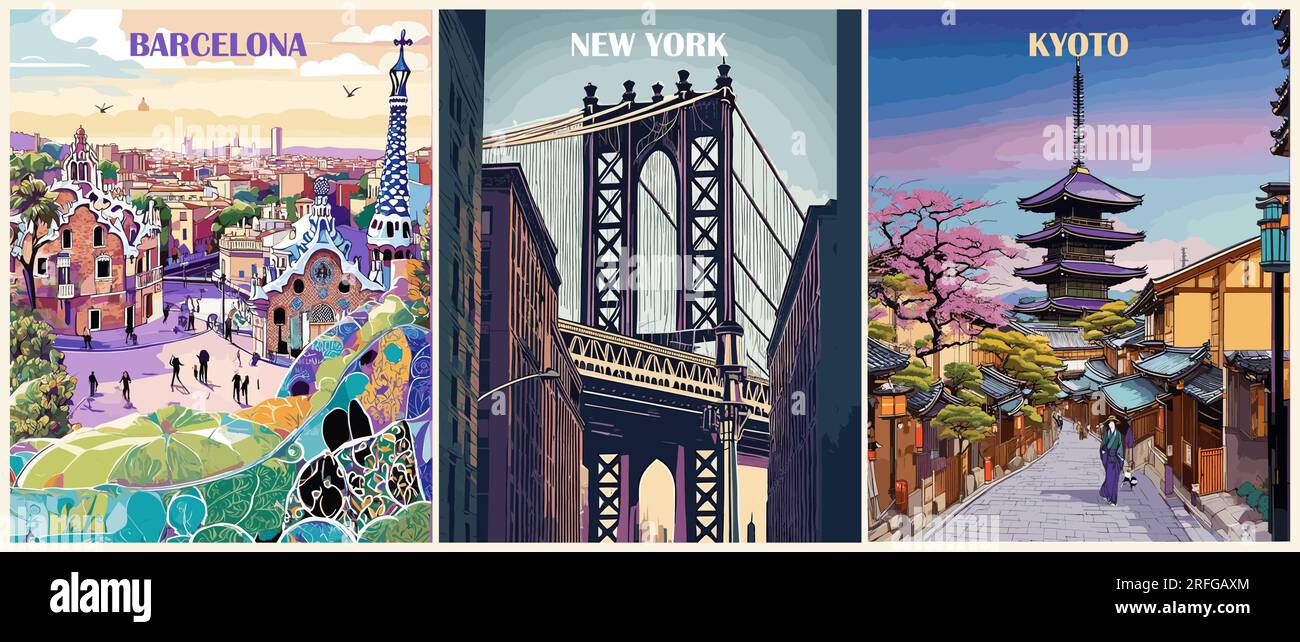 Set of Travel Destination Posters in retro style Stock Vector Image ...