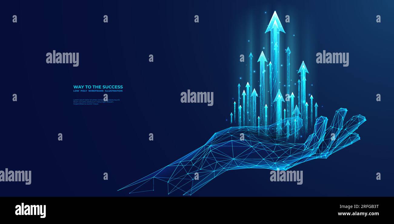 Abstract businessman hand holding rising arrows in futuristic style ...
