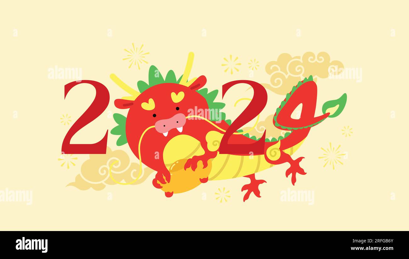 Year of the dragon 2024 greetings card vector. Flying chinese dragon ...