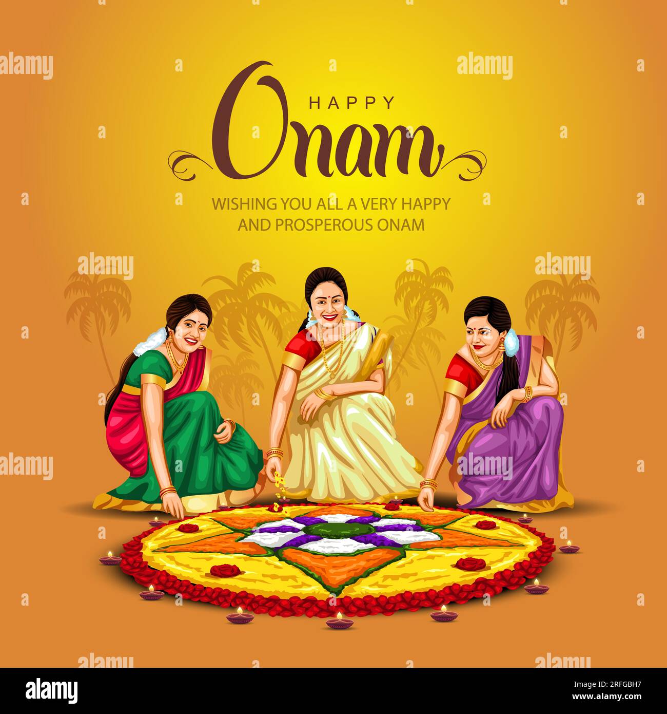 kerala fesival happy onam greetings abstract vector illustration. malayali girls making pookalam ...
