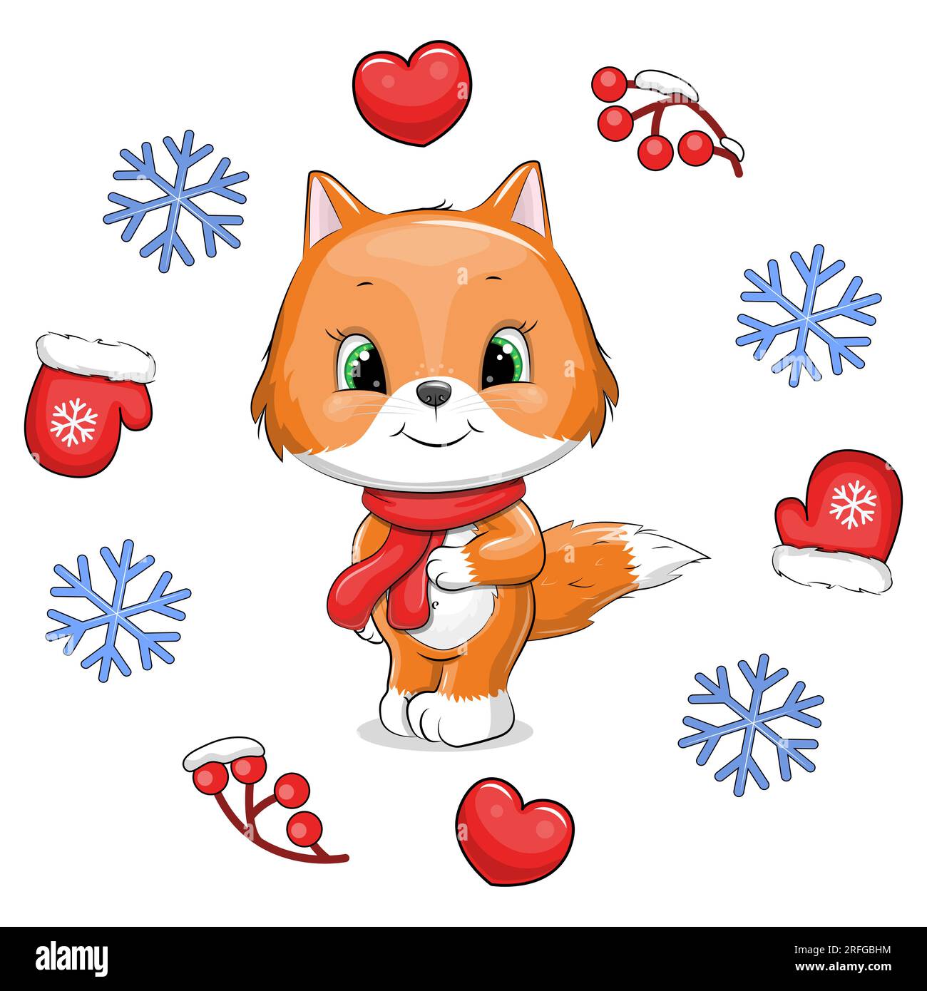 Cute cartoon fox with a red scarf in a winter frame. Vector ...