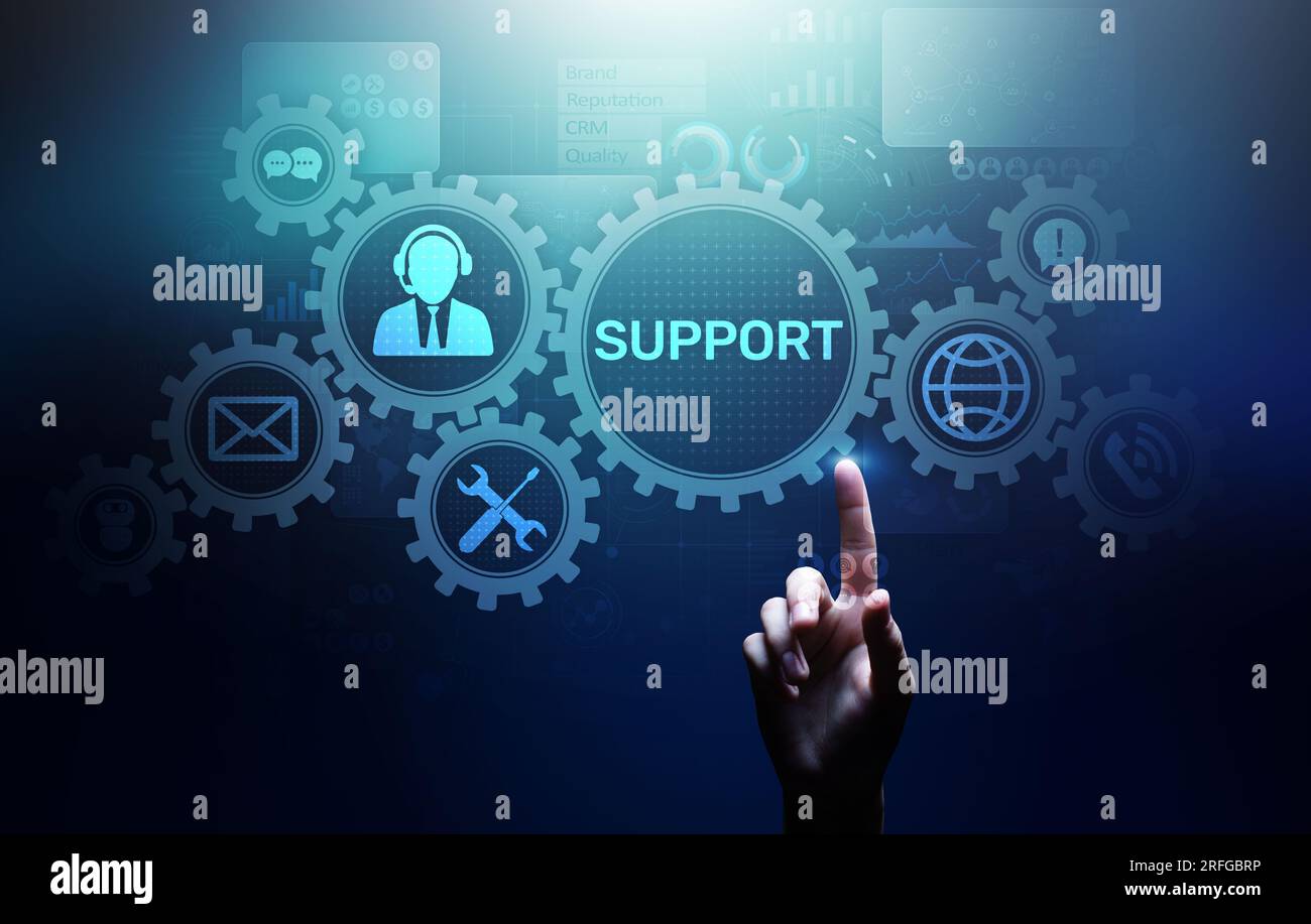 Support button on virtual screen. Customer service and communication ...