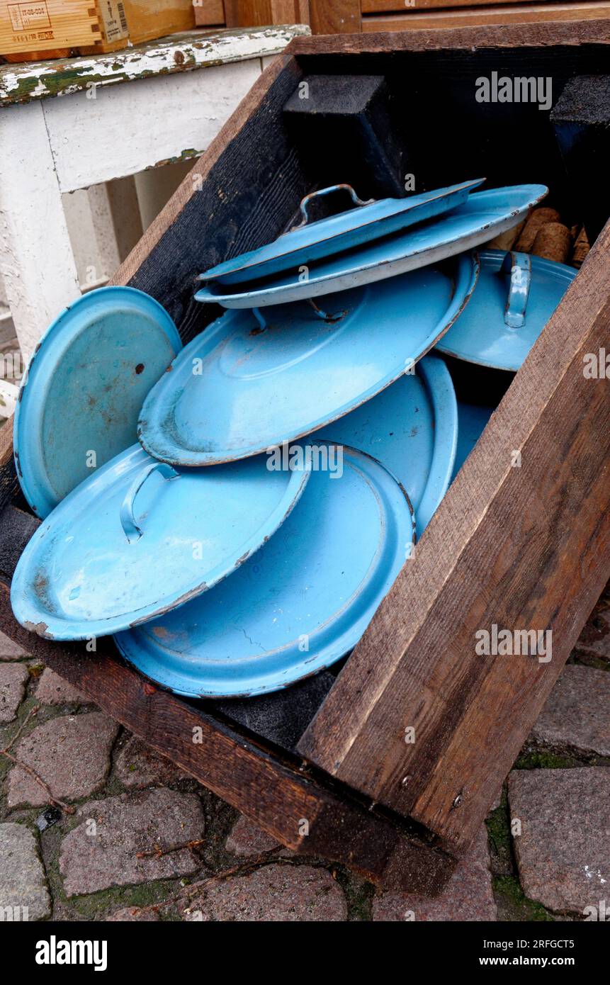 Old grungy blue cooking pots lid. Vintage enamel cooking gear Stock ...