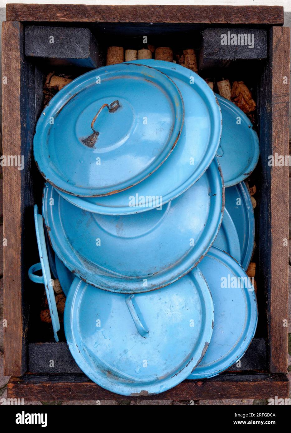 Old grungy blue cooking pots lid. Vintage enamel cooking gear Stock ...