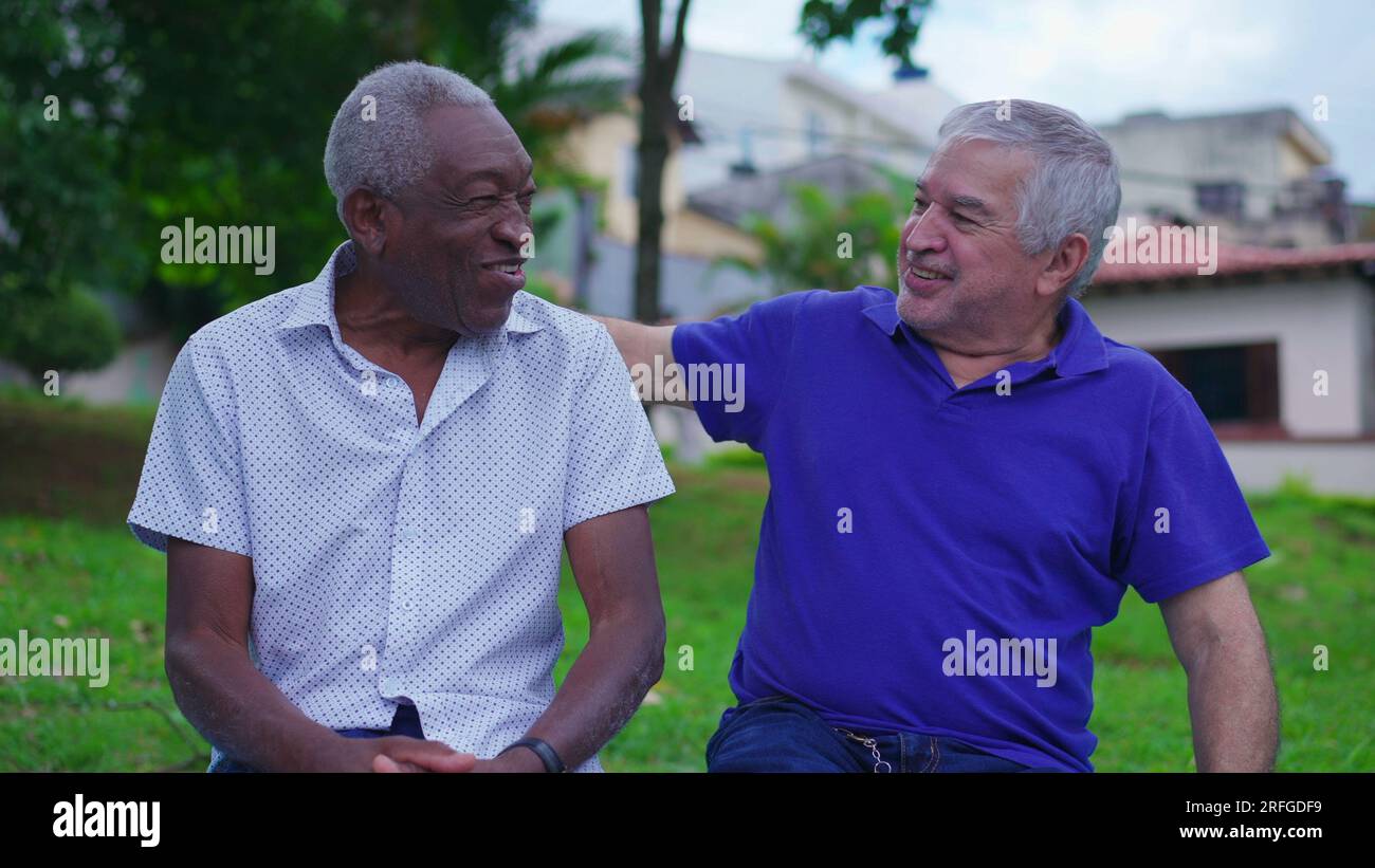 Older Caucasian and African American Friends Share Happy Moment on Park ...