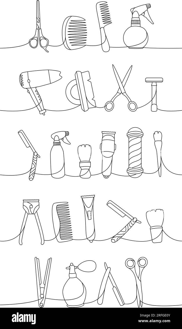 Barber shop one line continuous drawing. Makeup brush, hair clipper ...
