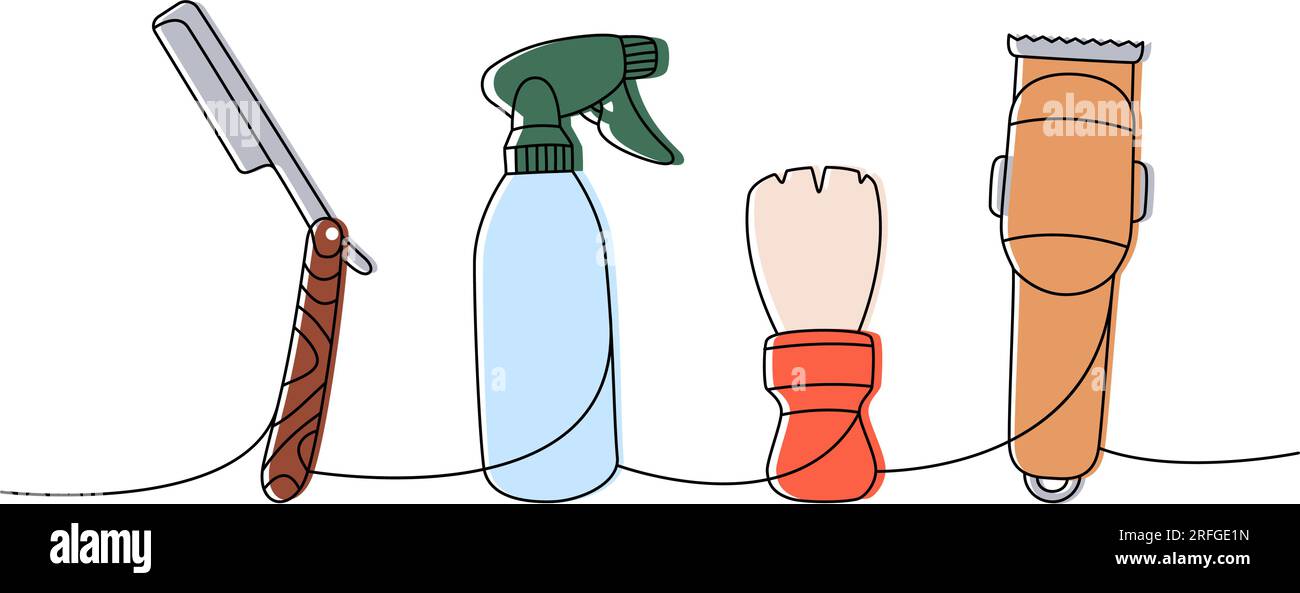 Barber shop tools one line colored continuous drawing. Sharp razor ...