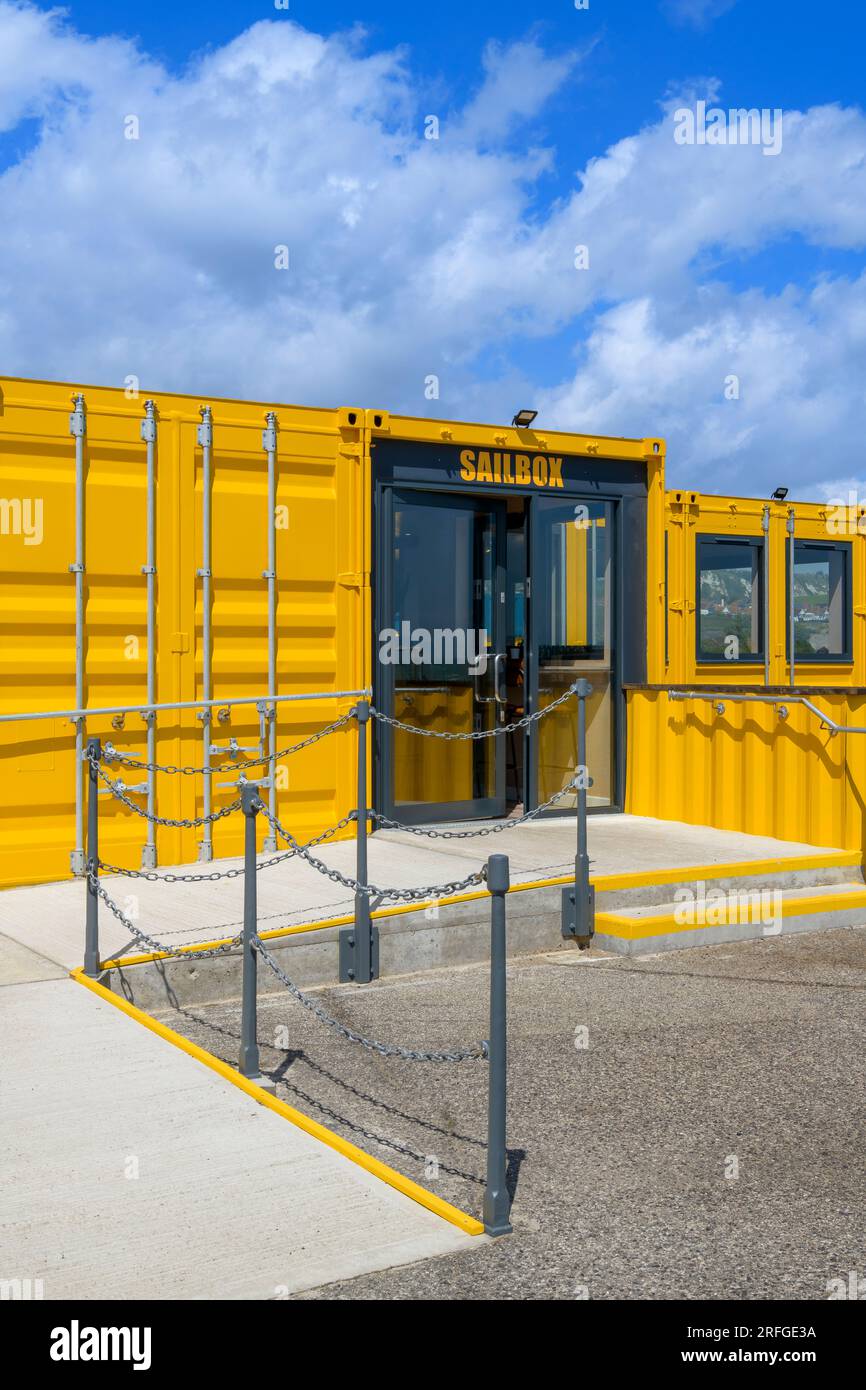 Sailbox cafe made from repurposed shipping containers, painted in ...