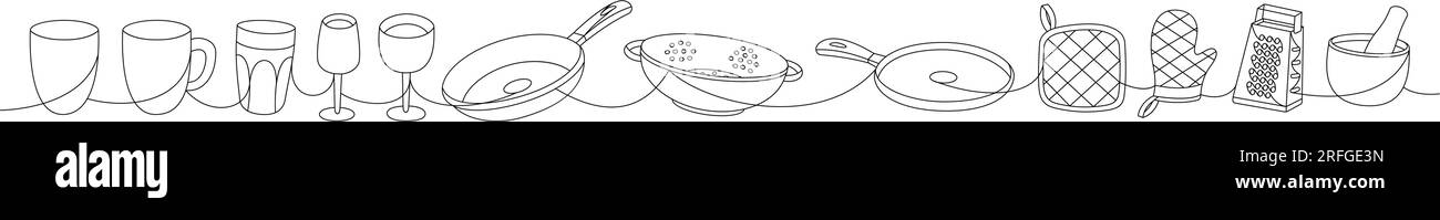 Kitchen utensils one line continuous drawing. Cup, wineglass, frying ...