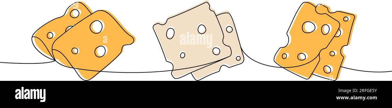Set of sliced cheese one line colored continuous drawing. Cheese ...