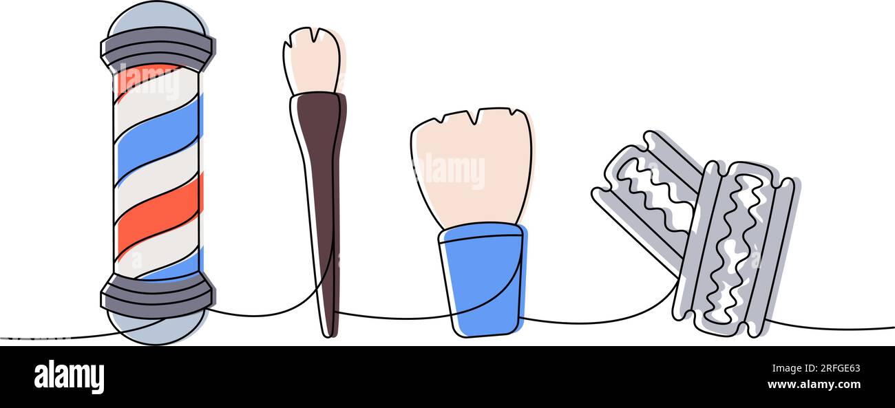 Set of barber shop tools one line colored continuous drawing. Barber ...