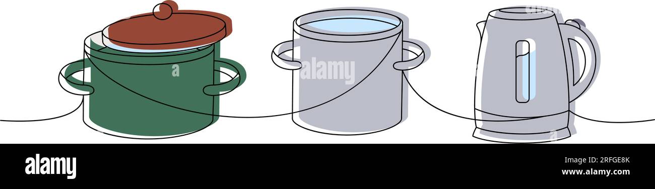 Kitchen utensils one line colored continuous drawing. Pot with lid ...