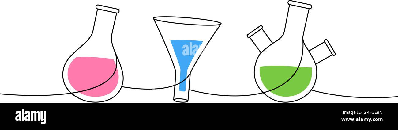 Laboratory glass equipment one line colored continuous drawing. Round ...