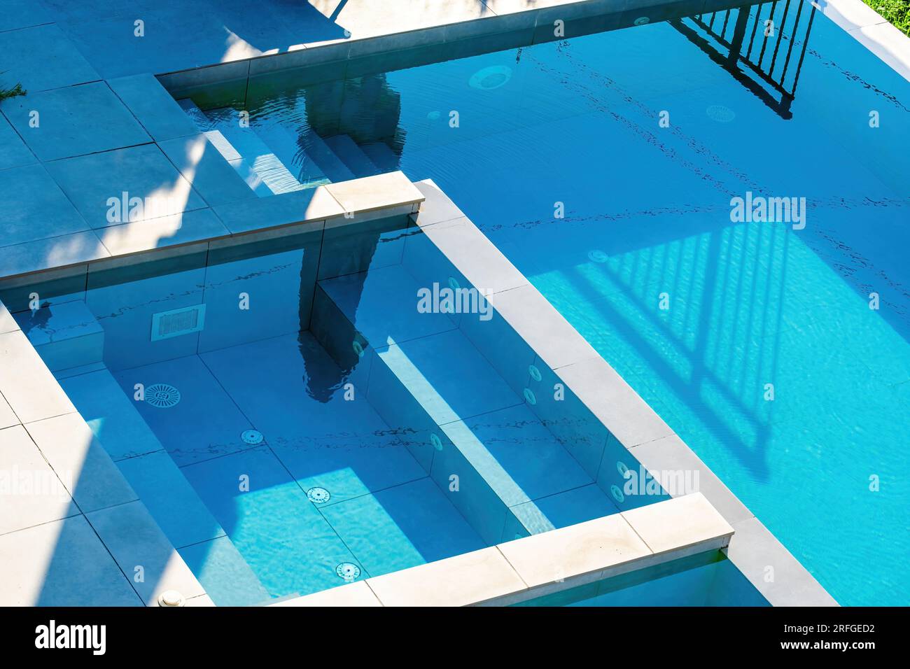 summertime outside pool with clear blue water Stock Photo - Alamy