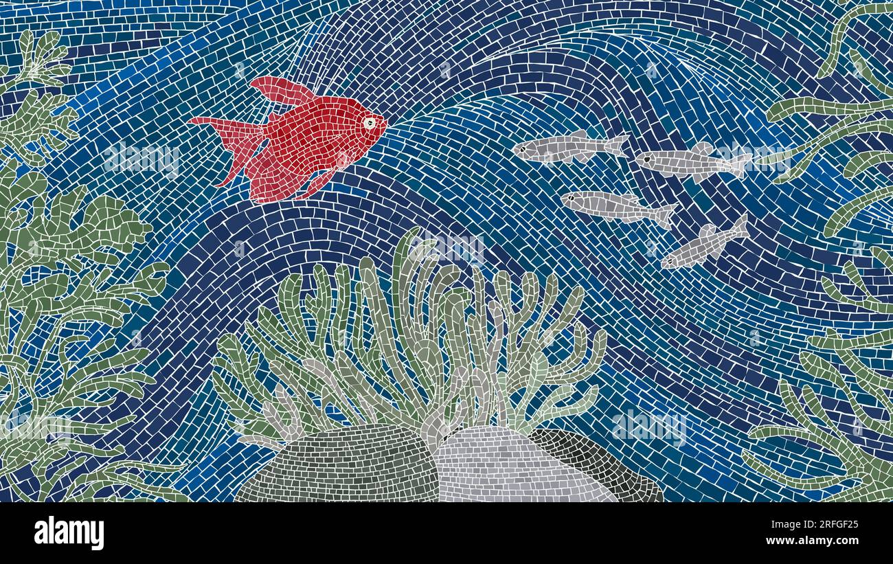 Underwater scene mosaic background with colored fishes, vector ...