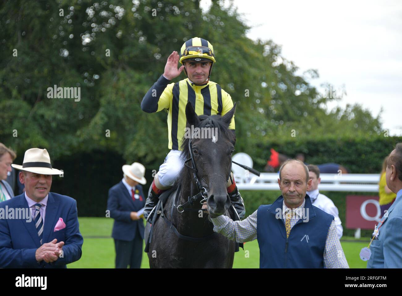 Goodwood, UK. 3rd August 2023. Andrea Atzeni salutes the crowd after ...