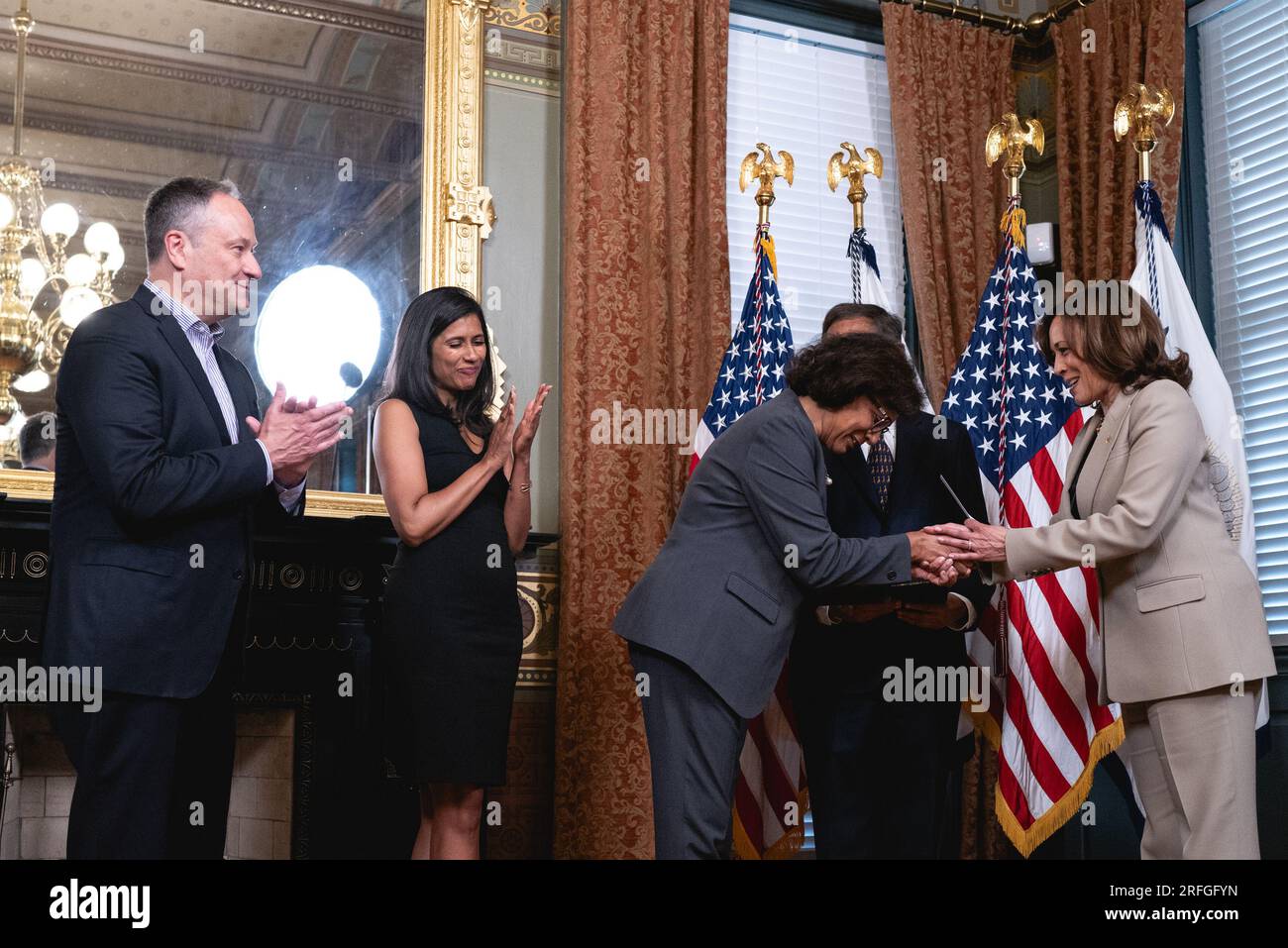 United States Vice President Kamala Harris shakes hands with Geeta Rao ...