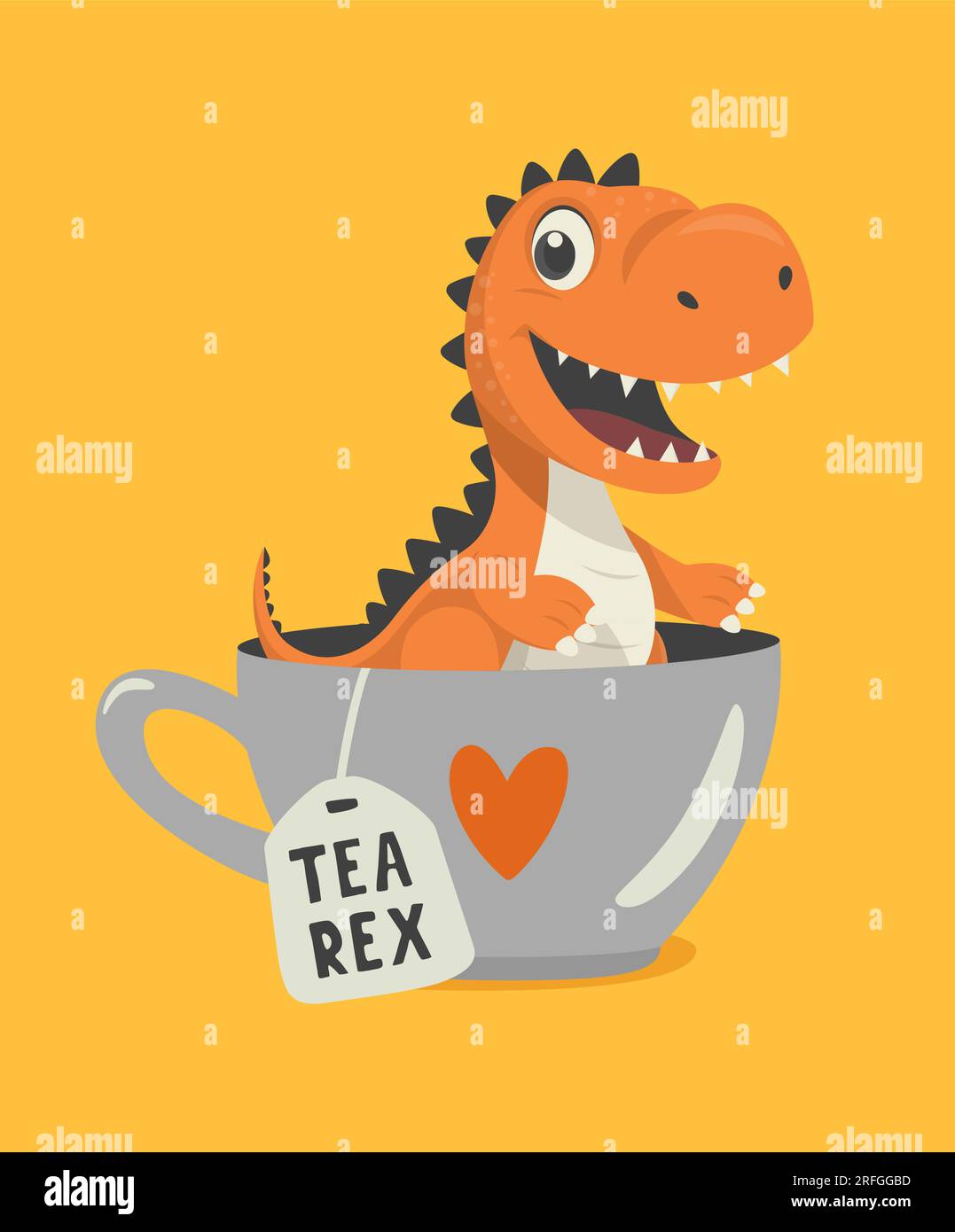 Tea Rex. Vector Funny and Cute Textured Cartoon Dinosaur in Tea Cup ...