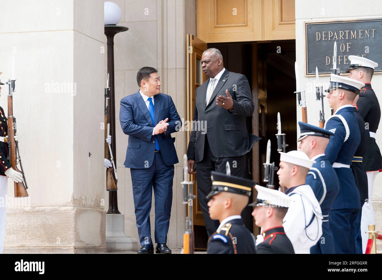 Secretary of Defense Lloyd J. Austin, center right, welcomes Mongolia's ...