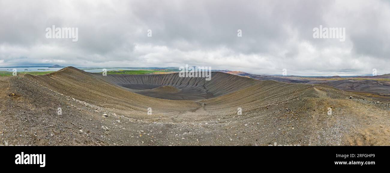 Panoramic picture of Hverfjall volcano crater on Iceland in summer ...