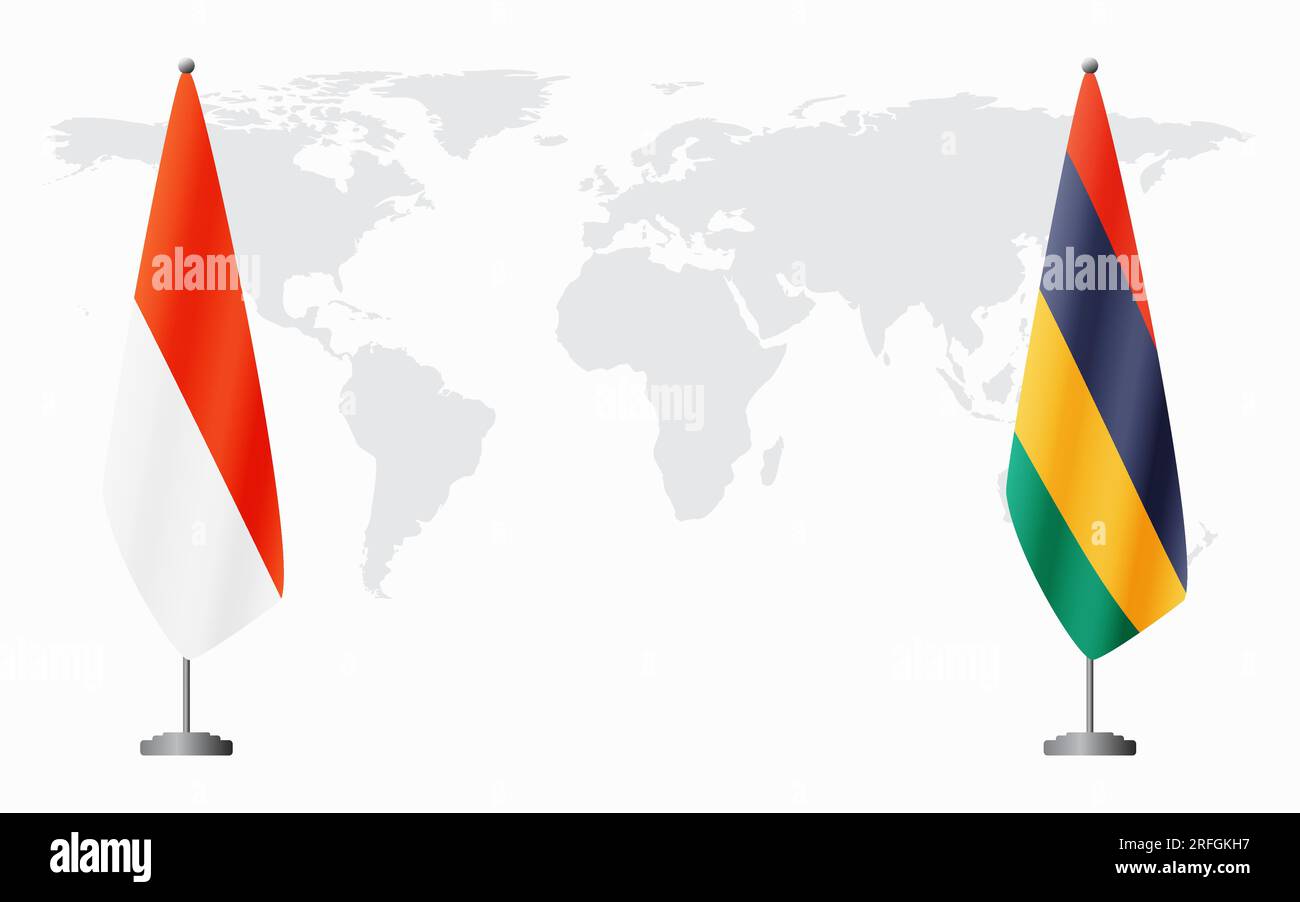 Indonesia and Mauritius flags for official meeting against background ...