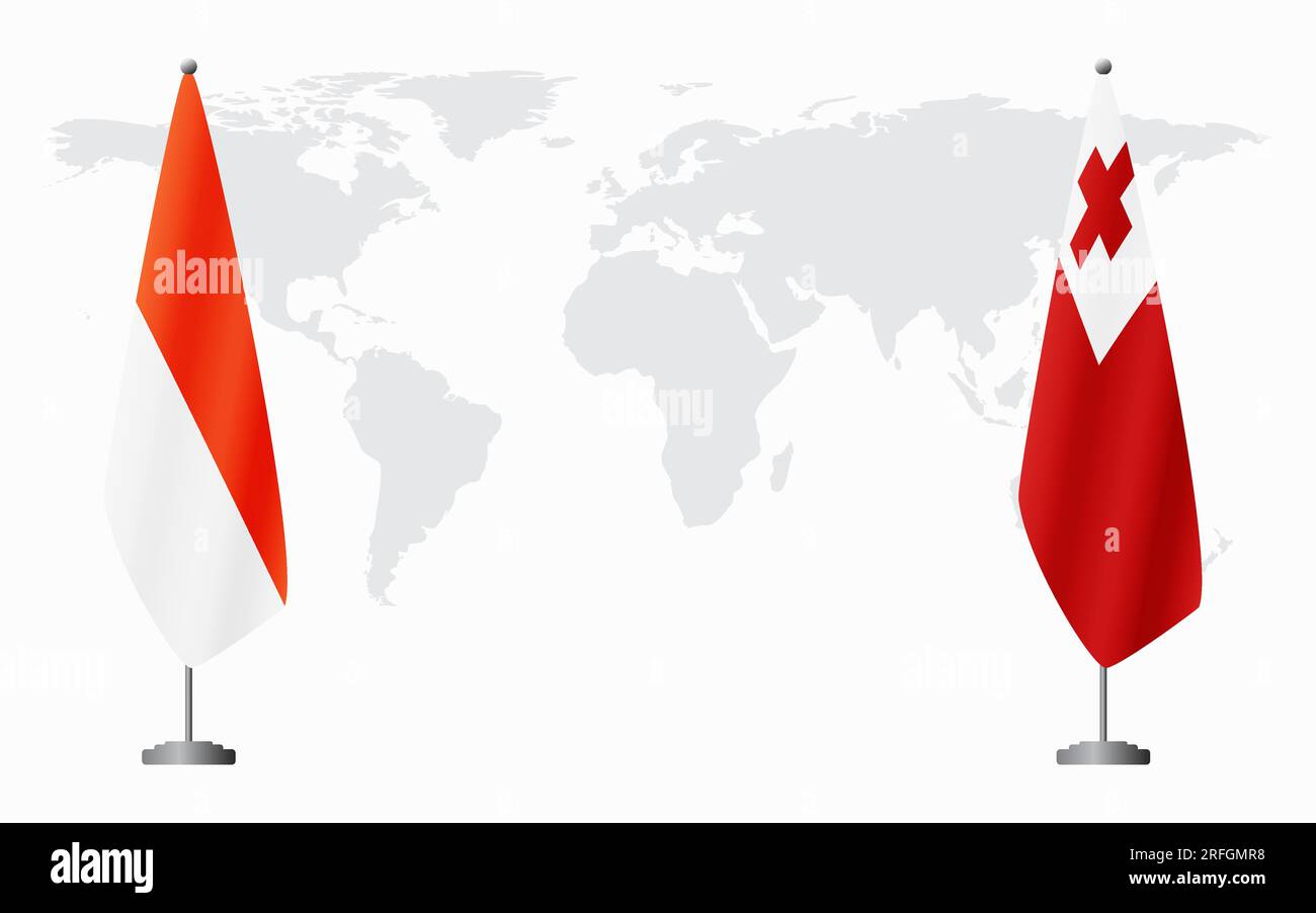 Indonesia and Tonga flags for official meeting against background of ...
