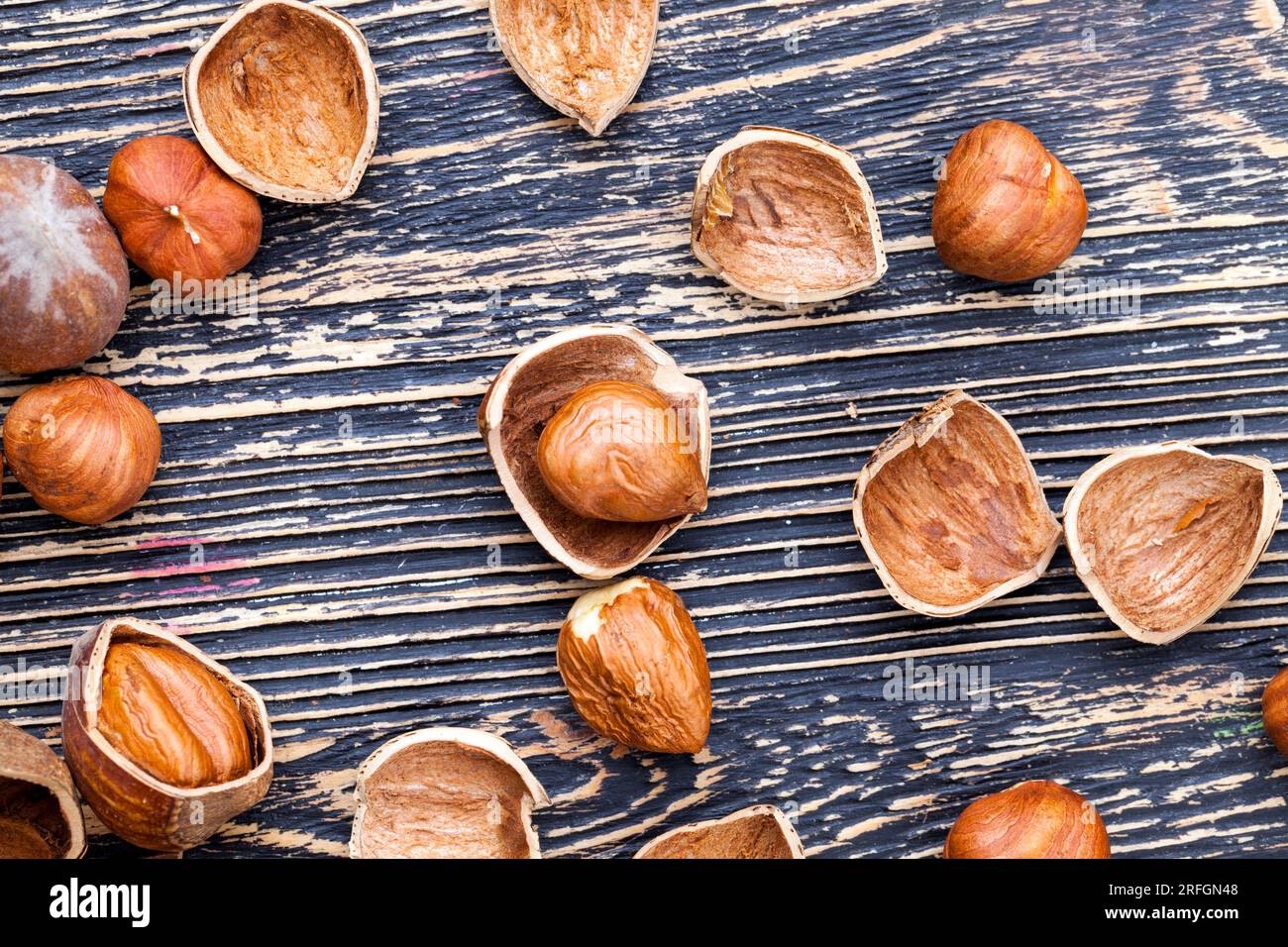split hazelnuts on the table, split shells on raw hazelnuts during the ...
