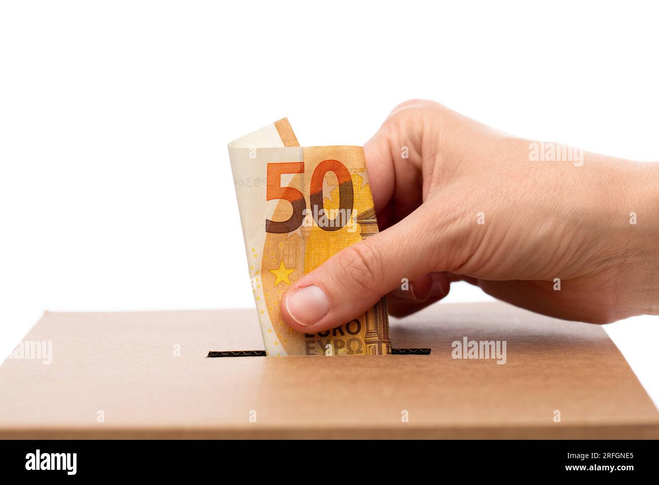 hand putting euro cash money into donation box Stock Photo - Alamy