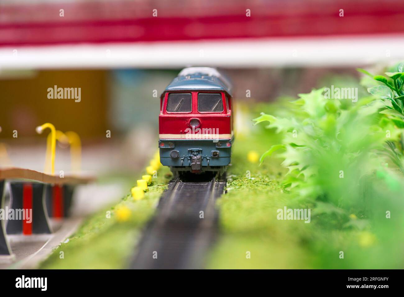 Red electric train locomotive model on track layout with trees and ...