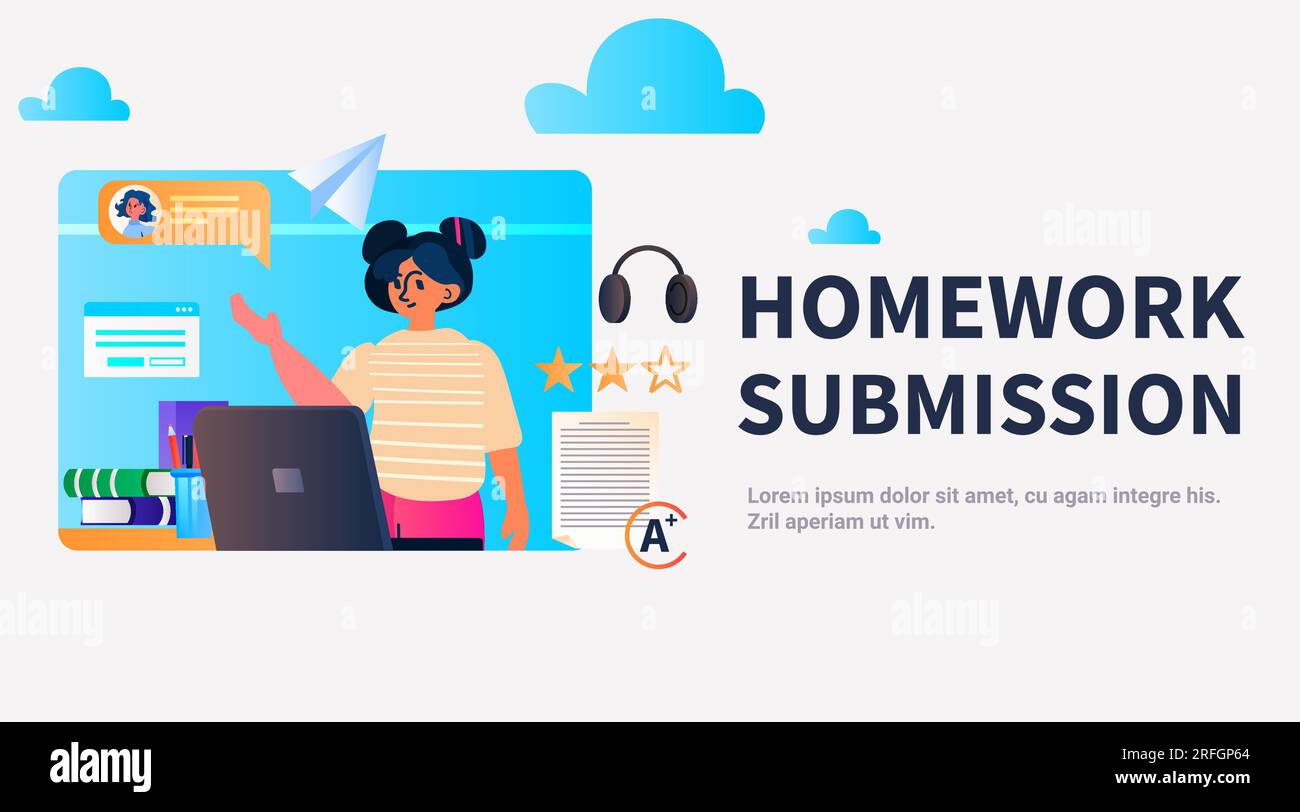 girl student using laptop homework submission e-learning online ...