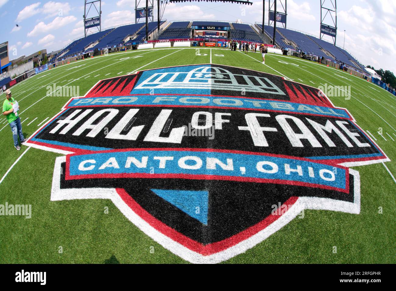 The Pro Football Hall of Fame logo is painted on the 50-yard line at ...