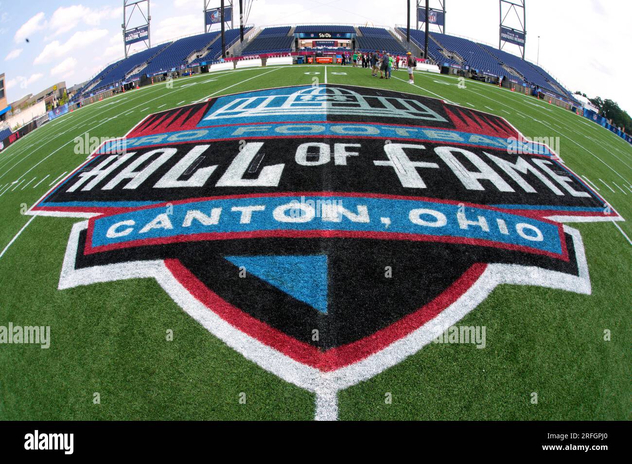 The Pro Football Hall of Fame logo is painted on the 50-yard line at ...