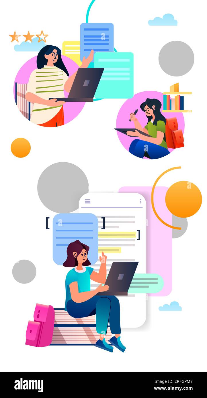 set students girls studying on internet course registration concept ...