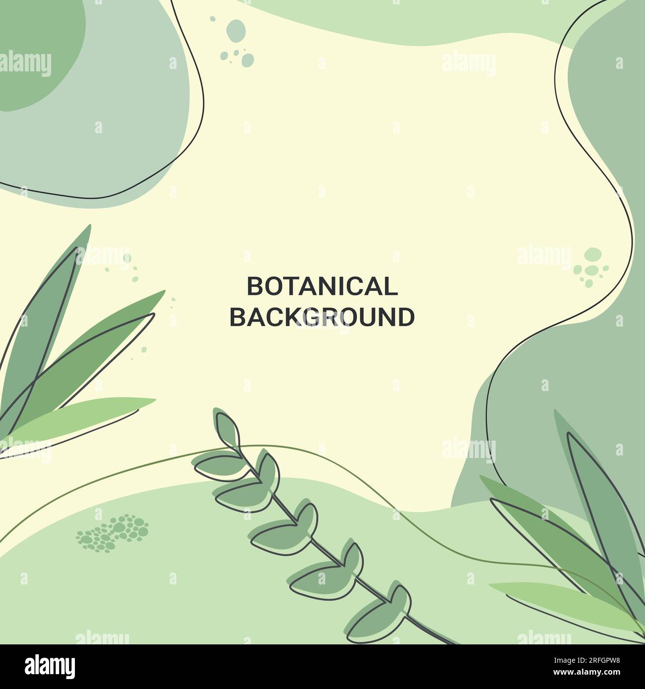 Hand drawn green botanical background with foliage, lines and shapes ...