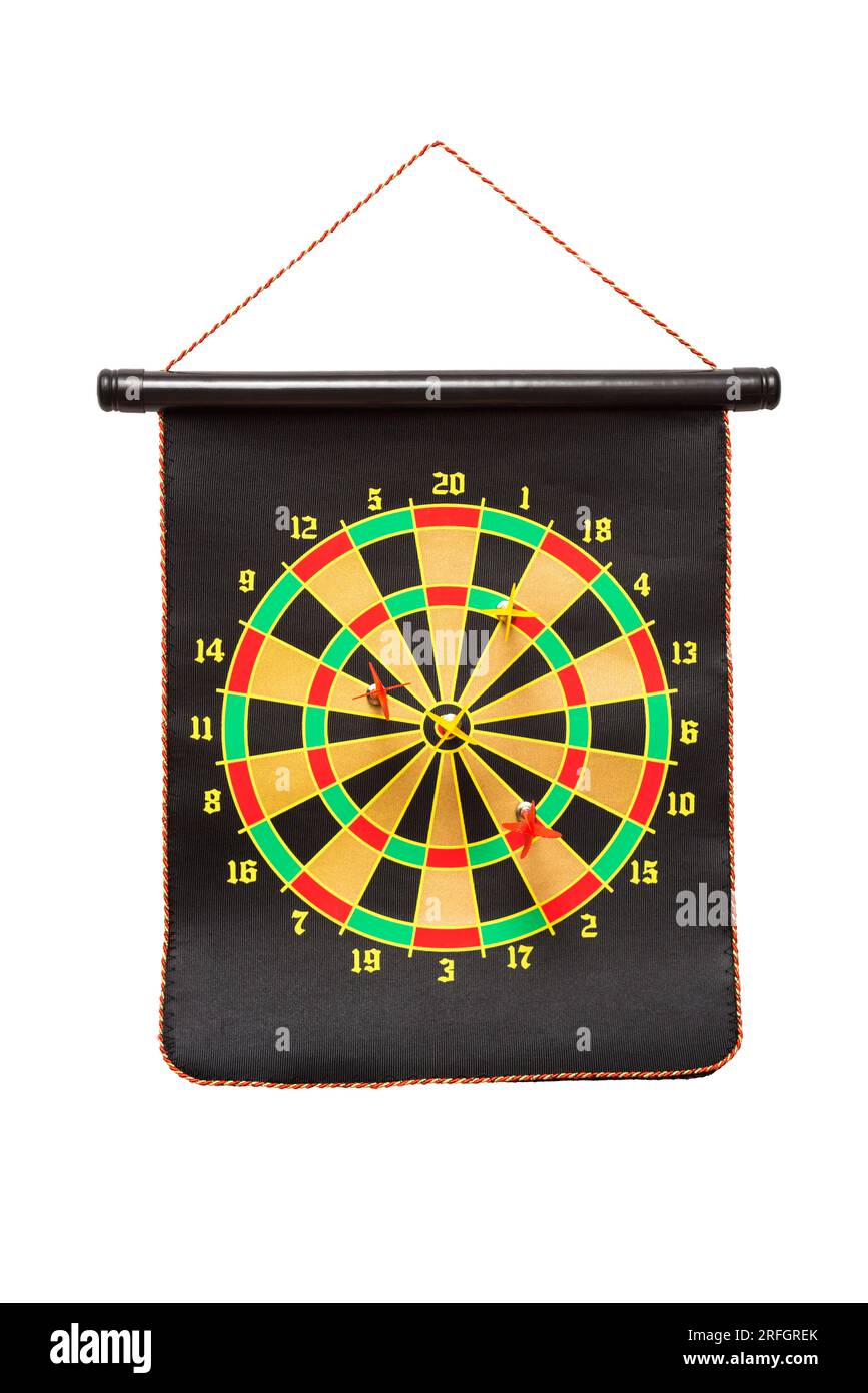 Colorful dartboard with magnetic darts isolated on a white background ...