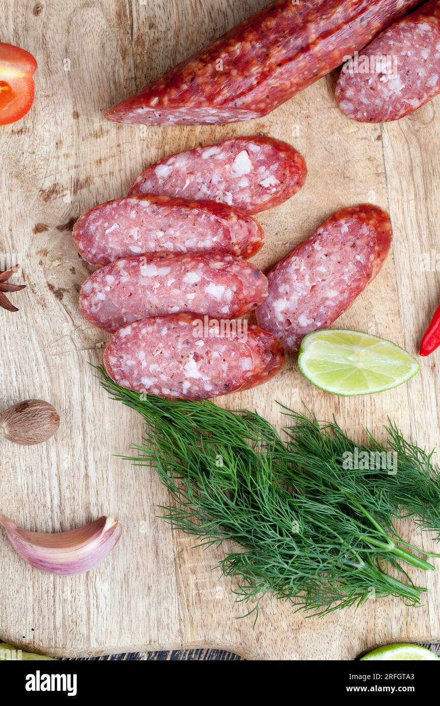 meat products in the form of sausage with lard, different types of ...