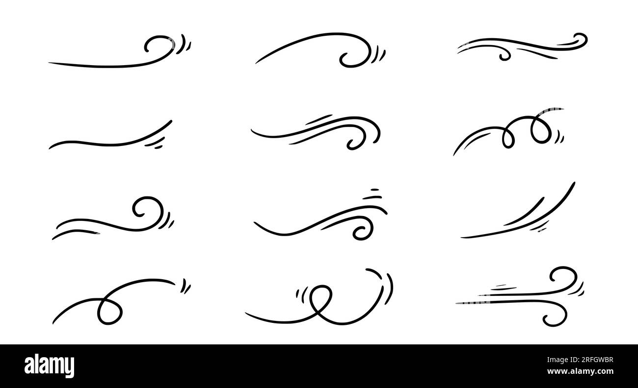 Doodle wind line sketch set. Hand drawn doodle wind motion, air blow ...