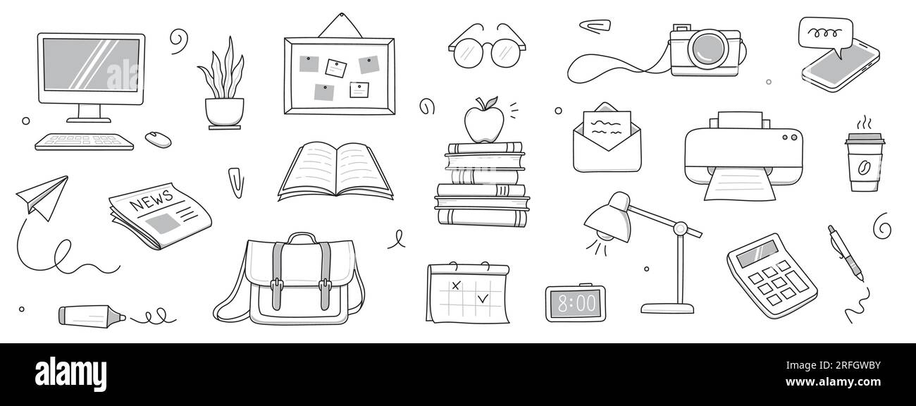 Office work doodle set. Office computer, work desk, notebook doodle ...