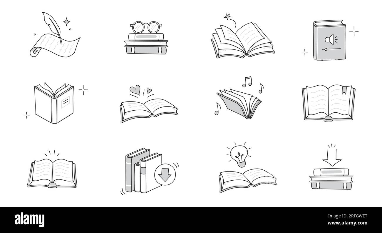 Book line doodle icon set. Hand drawn sketch doodle style line icon ...