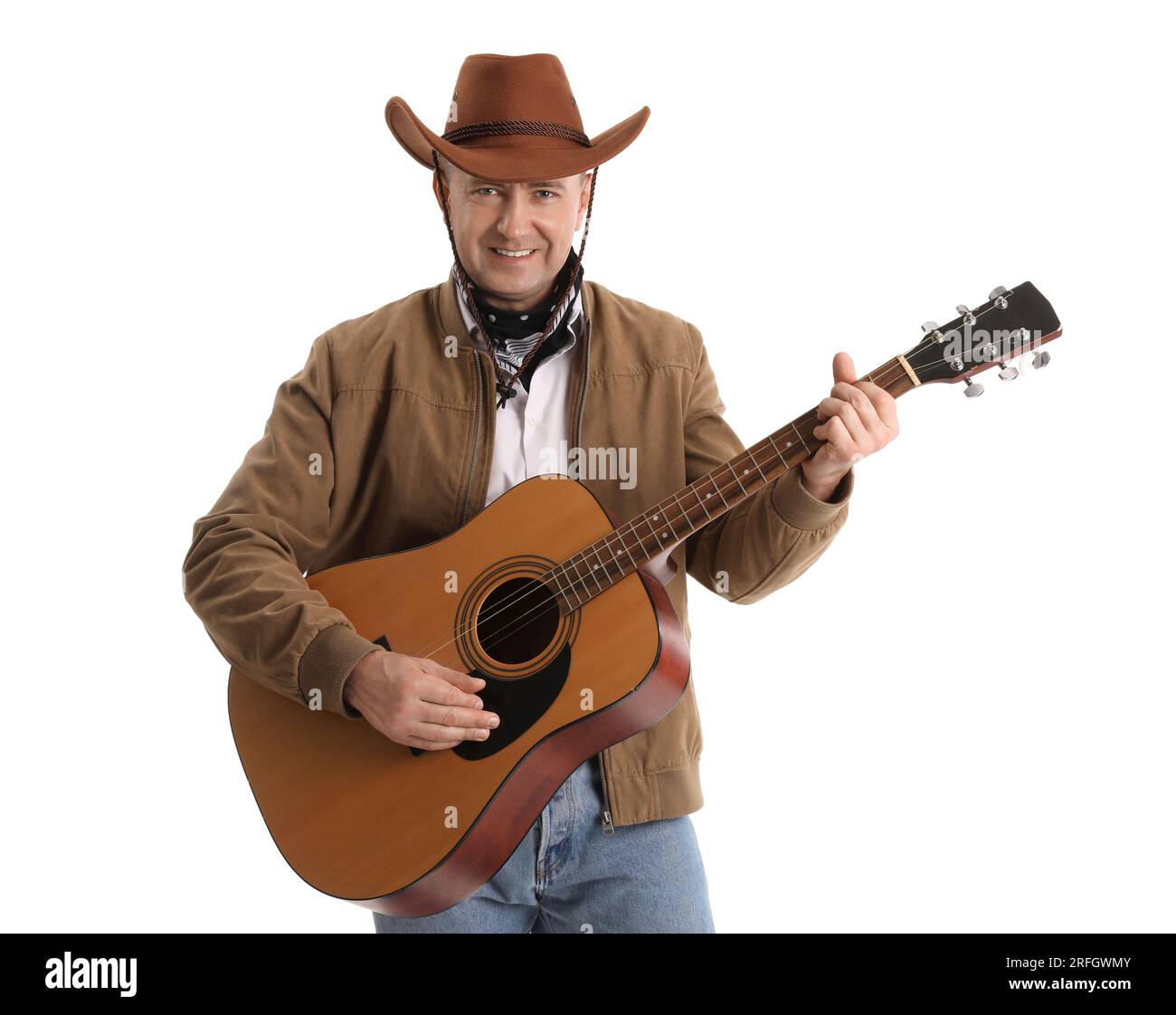 Mature cowboy playing guitar on white background Stock Photo - Alamy